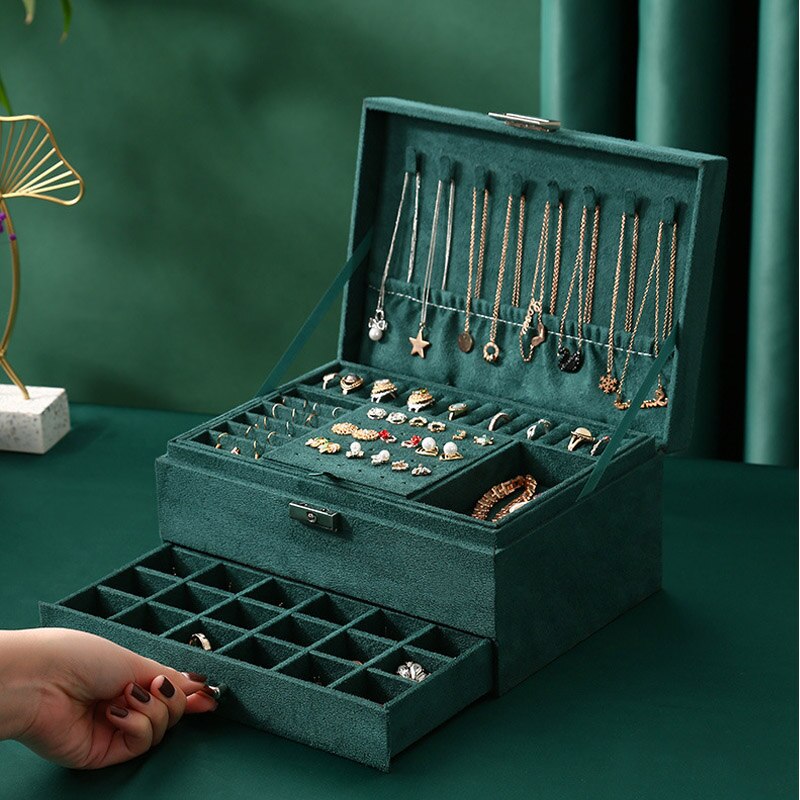 3-Layers Green Velvet Jewelry Box | Jewellery Boxes Australia